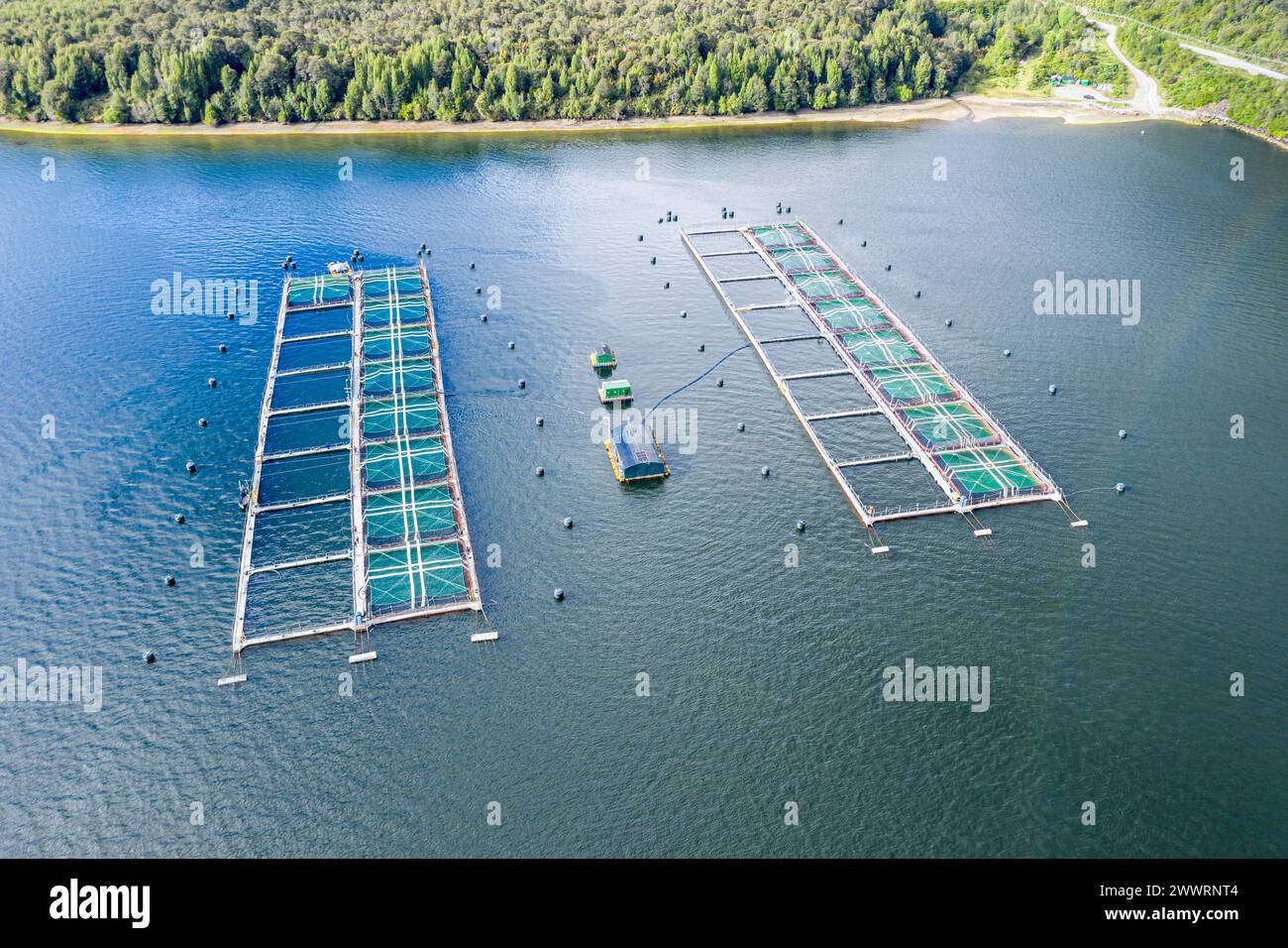 Aerial view of a salmon farm south of Puyuhuapi, rectangular cages ...