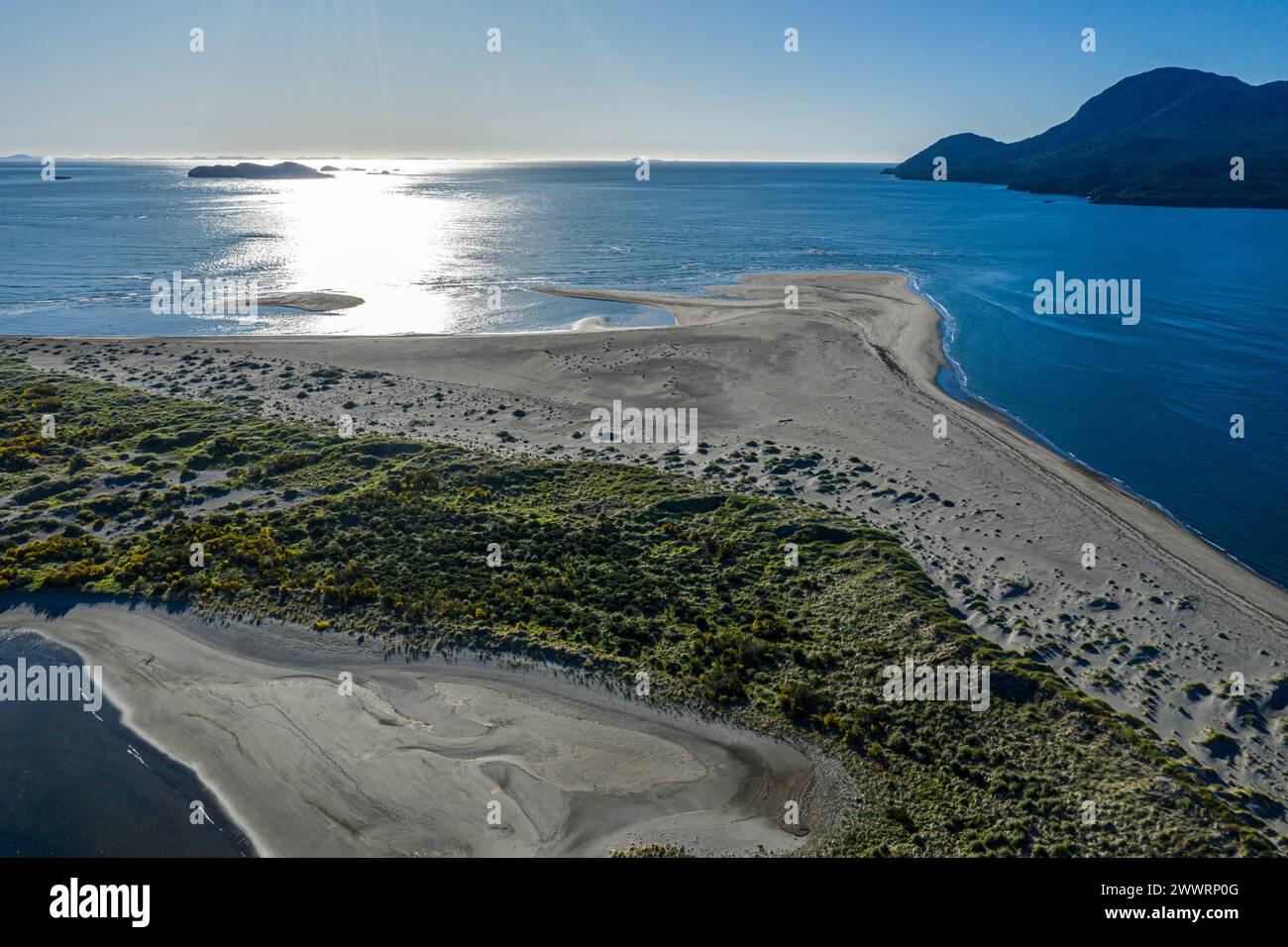 Aerial view of the peninsula at the mouth of the Rio Rodriguez, sandy ...