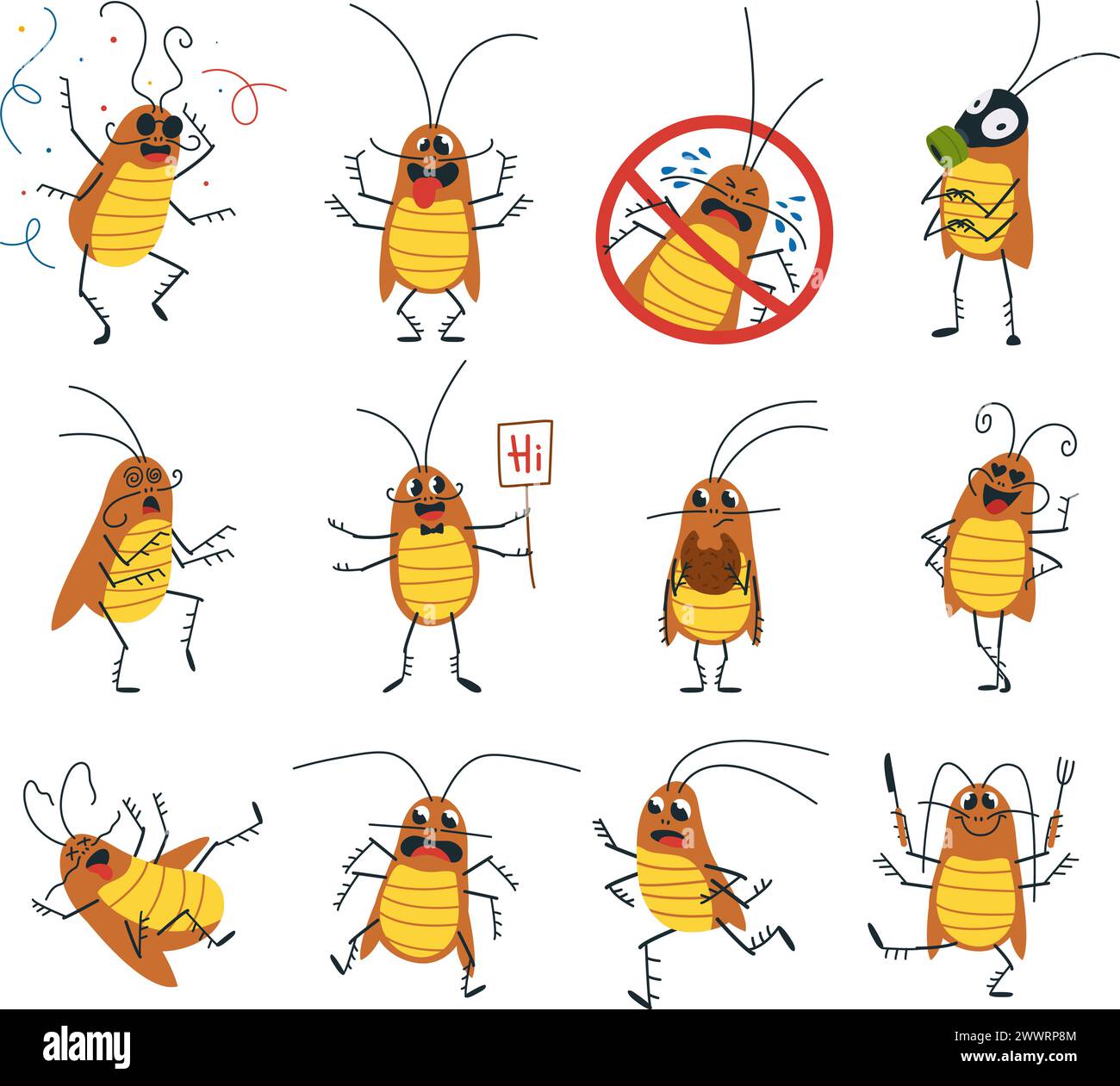 Cartoon cockroach. Crazy funny cockroaches eating, dancing and running ...