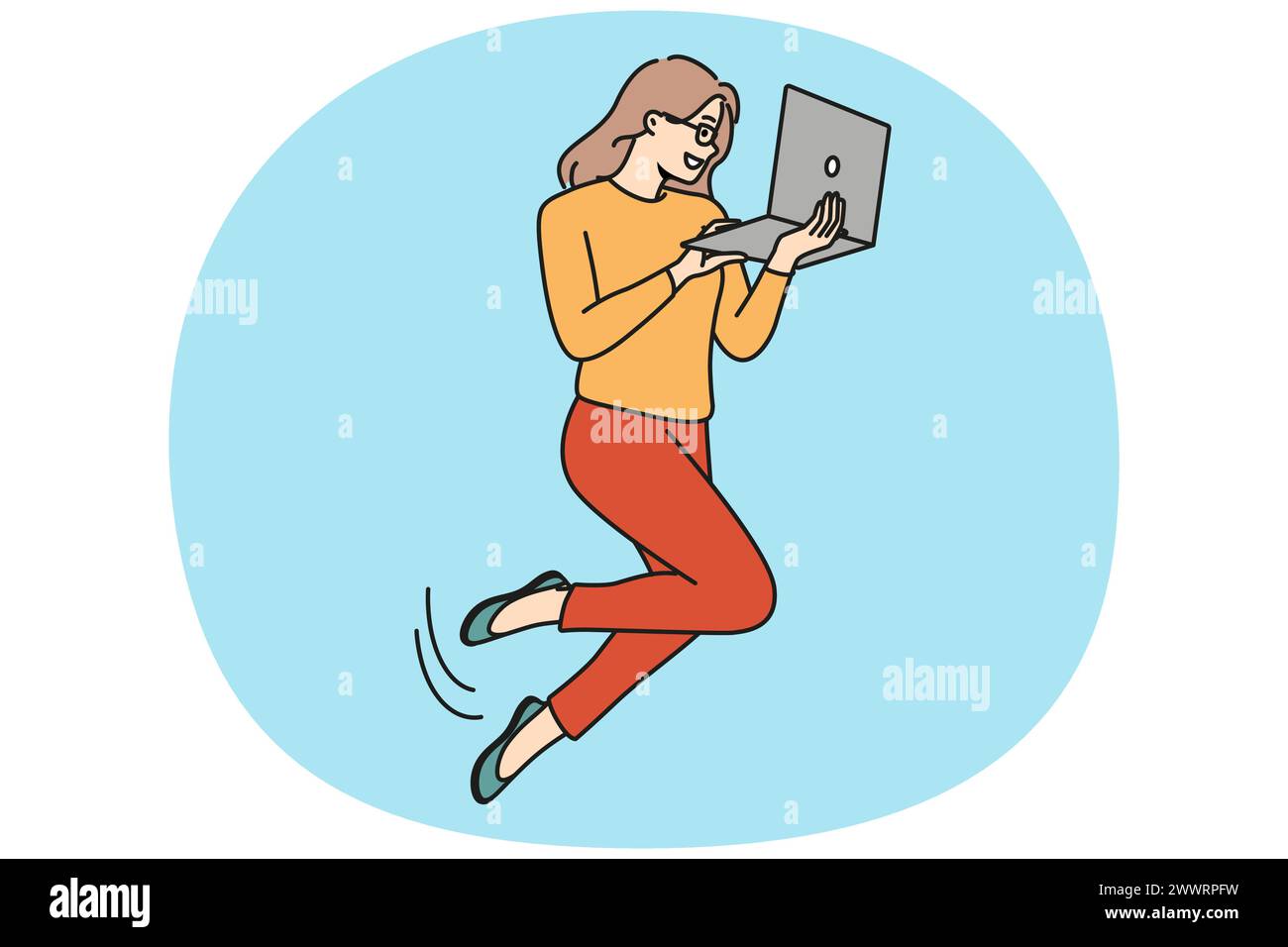 Businesswoman float in air work on computer. Smiling woman employee ...