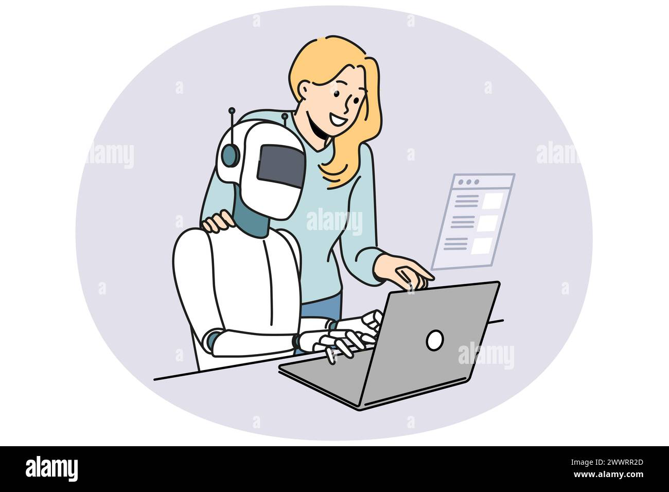 Female employee and robotic assistant work together on computer. Robot ...