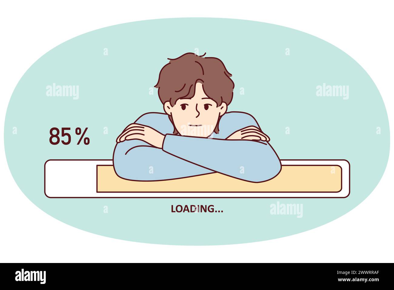 Bored man leaning on progress line loading waiting to download movie ...