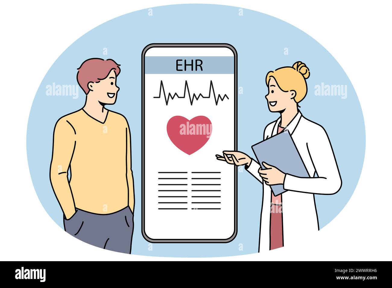 Doctor in medical uniform consult patient about EHR on cellphone screen ...