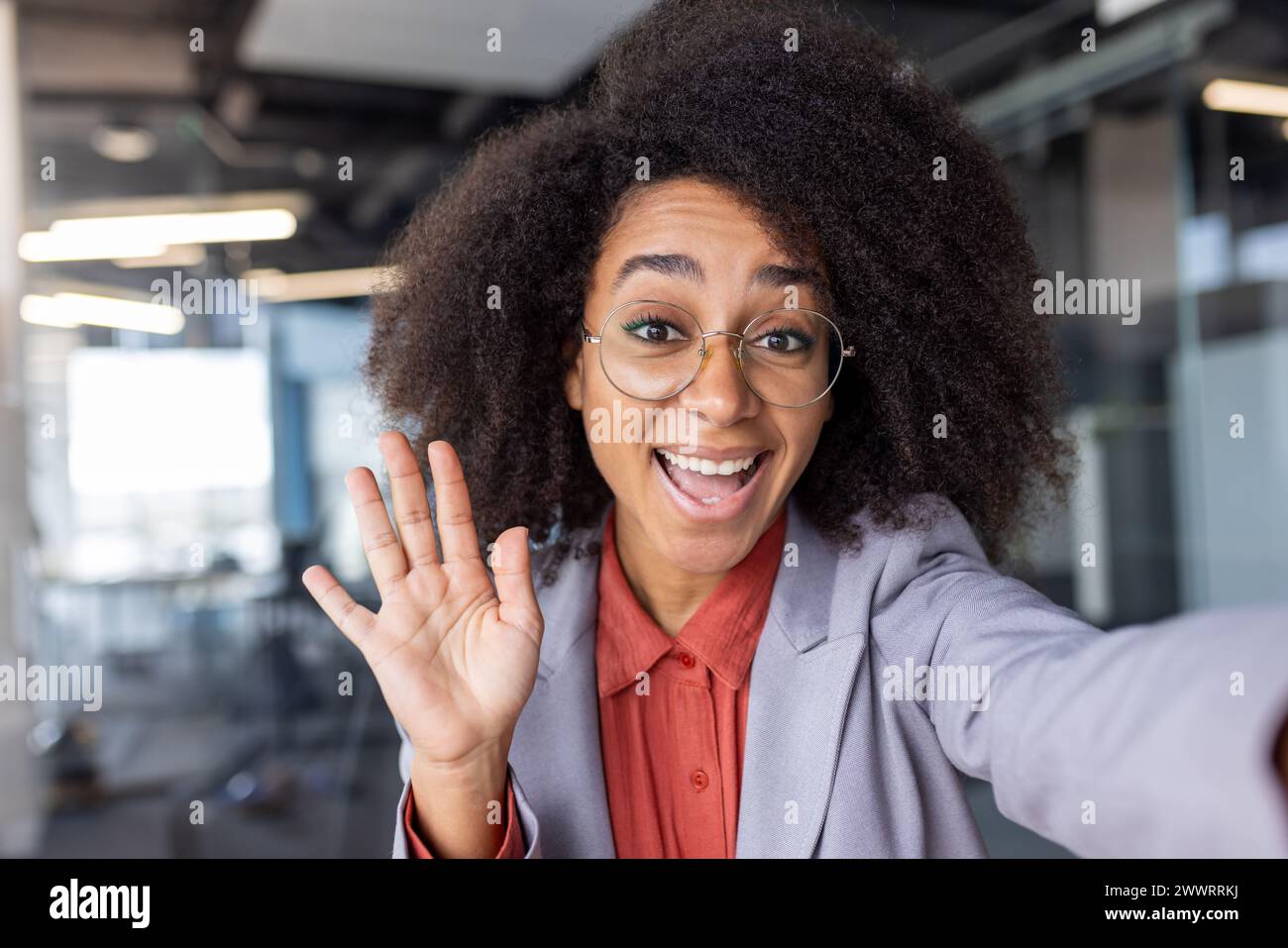 First person view of positive african american woman having online ...