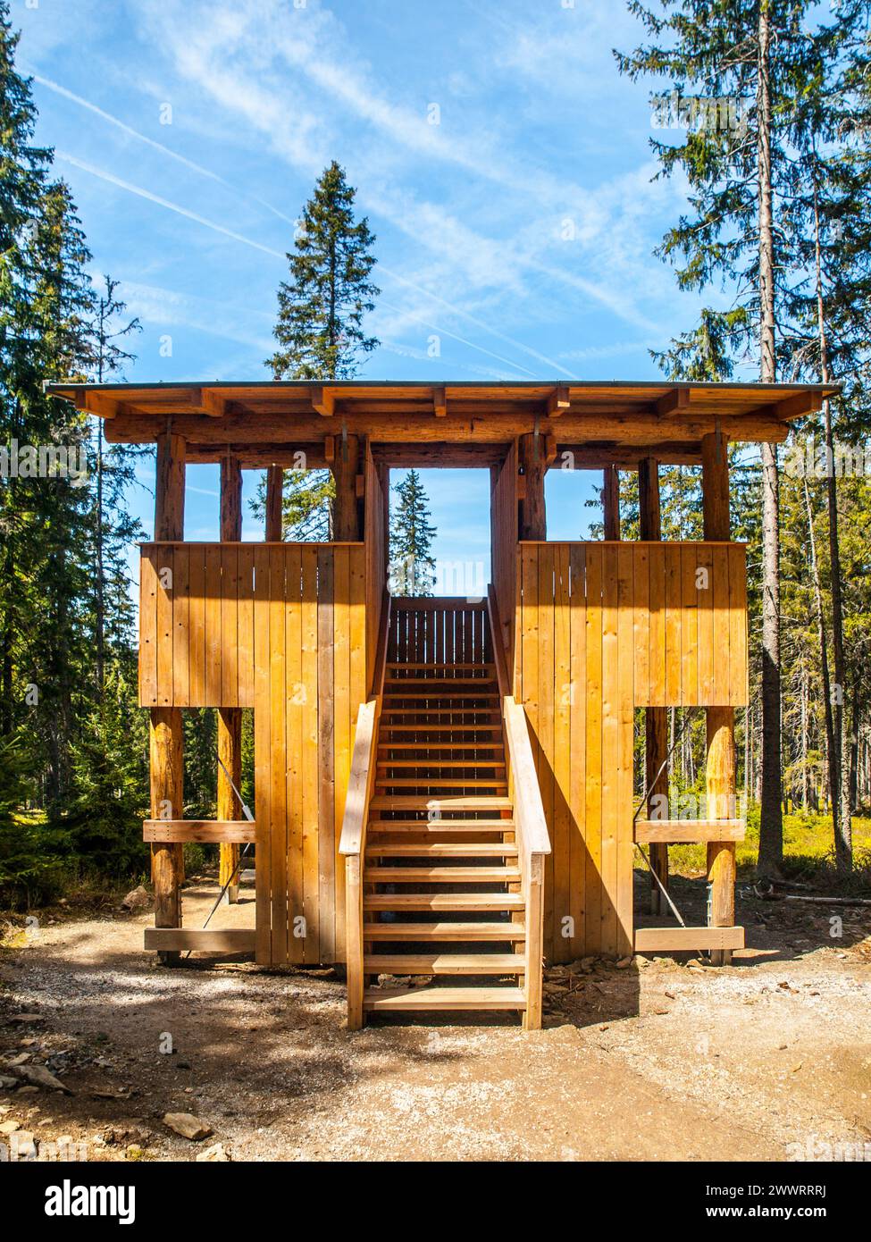 New wooden wildlife observation post in the forest Stock Photo - Alamy
