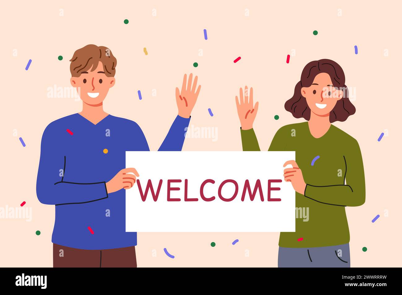 Welcome banner in hands man and woman waving hand in greeting and ...