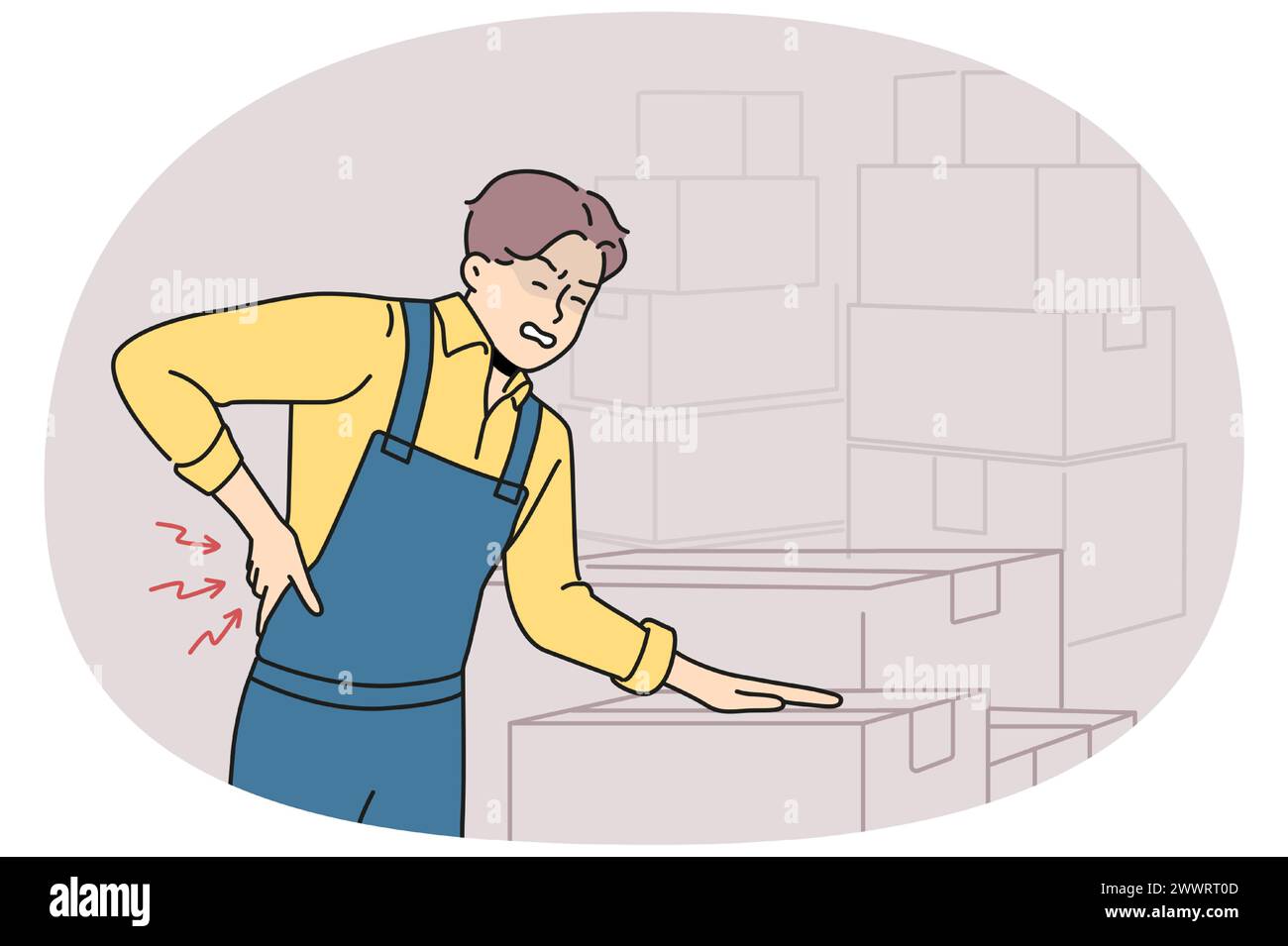 Sick man in uniform suffer from backache working in warehouse with ...