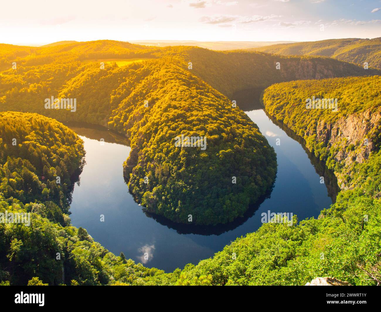 Vltava river horseshoe meander with green forest. View from Maj vantage ...