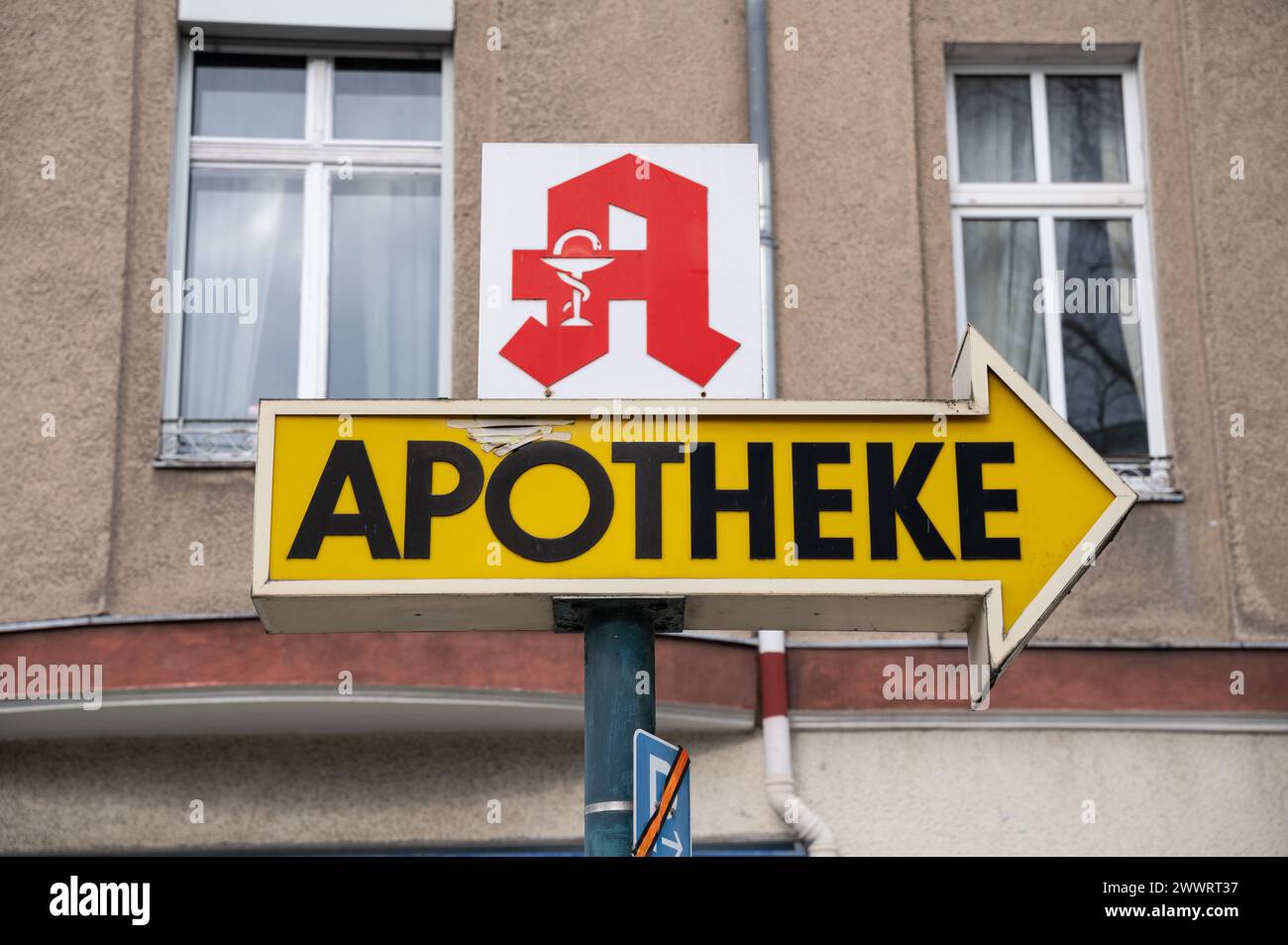 05.03.2024, Berlin, Germany, Europe - Pharmacy sign with red logo and ...