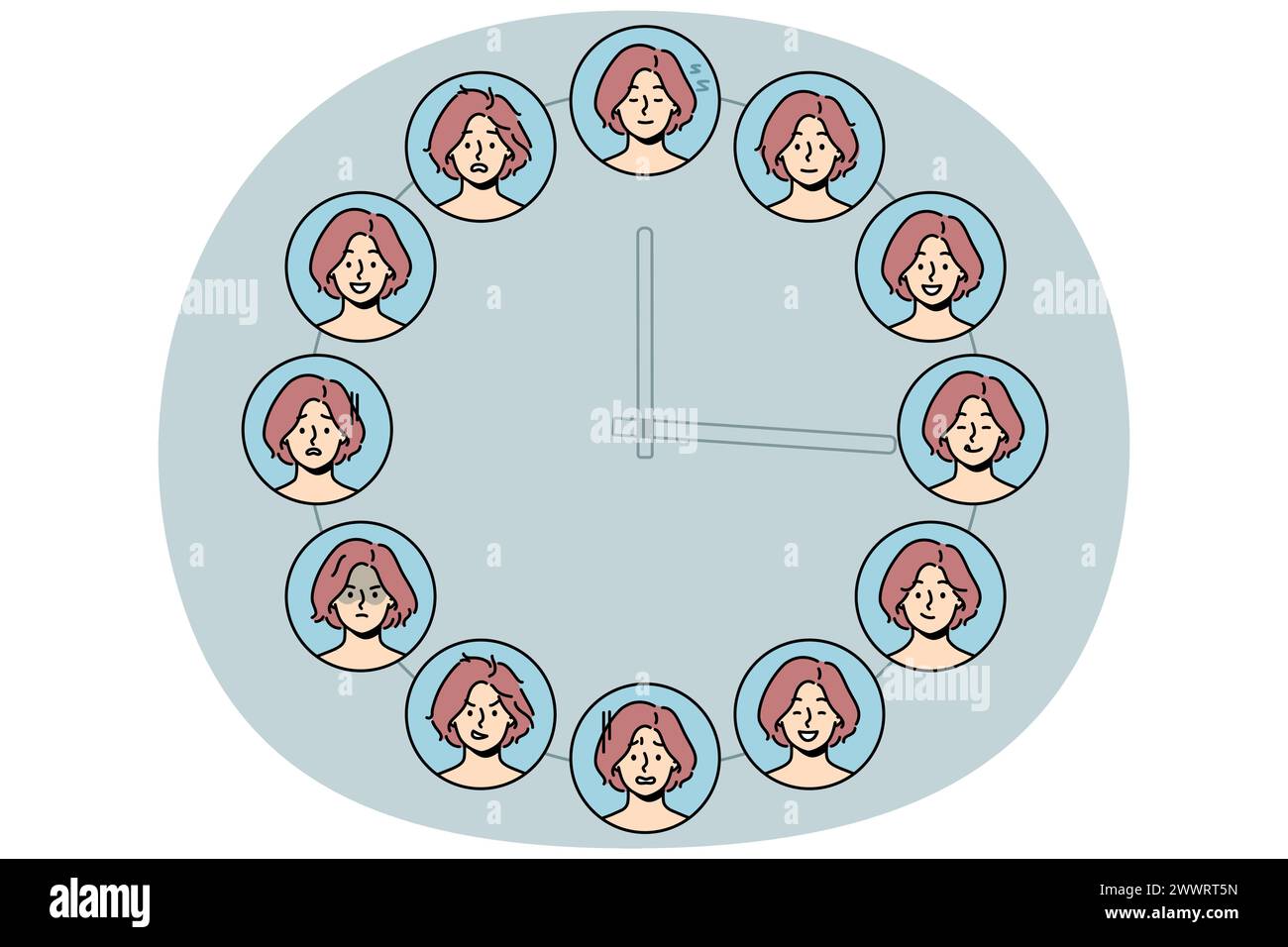 Set of woman with different emotions on huge clock. Collection of ...