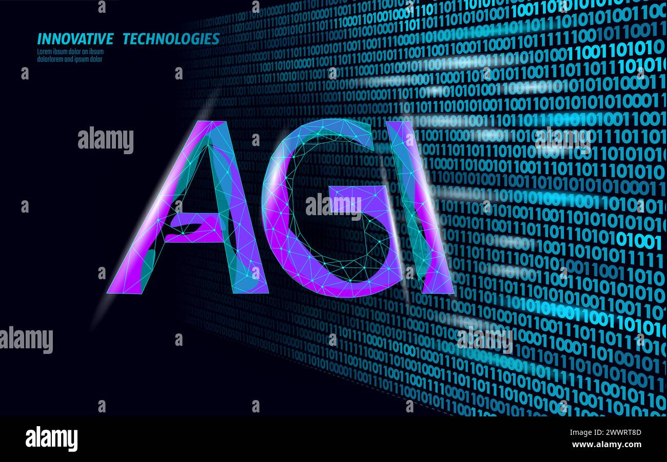 Artificial general intelligence wire letter symbols. Data binary code flow. Minimalist style AGI ...