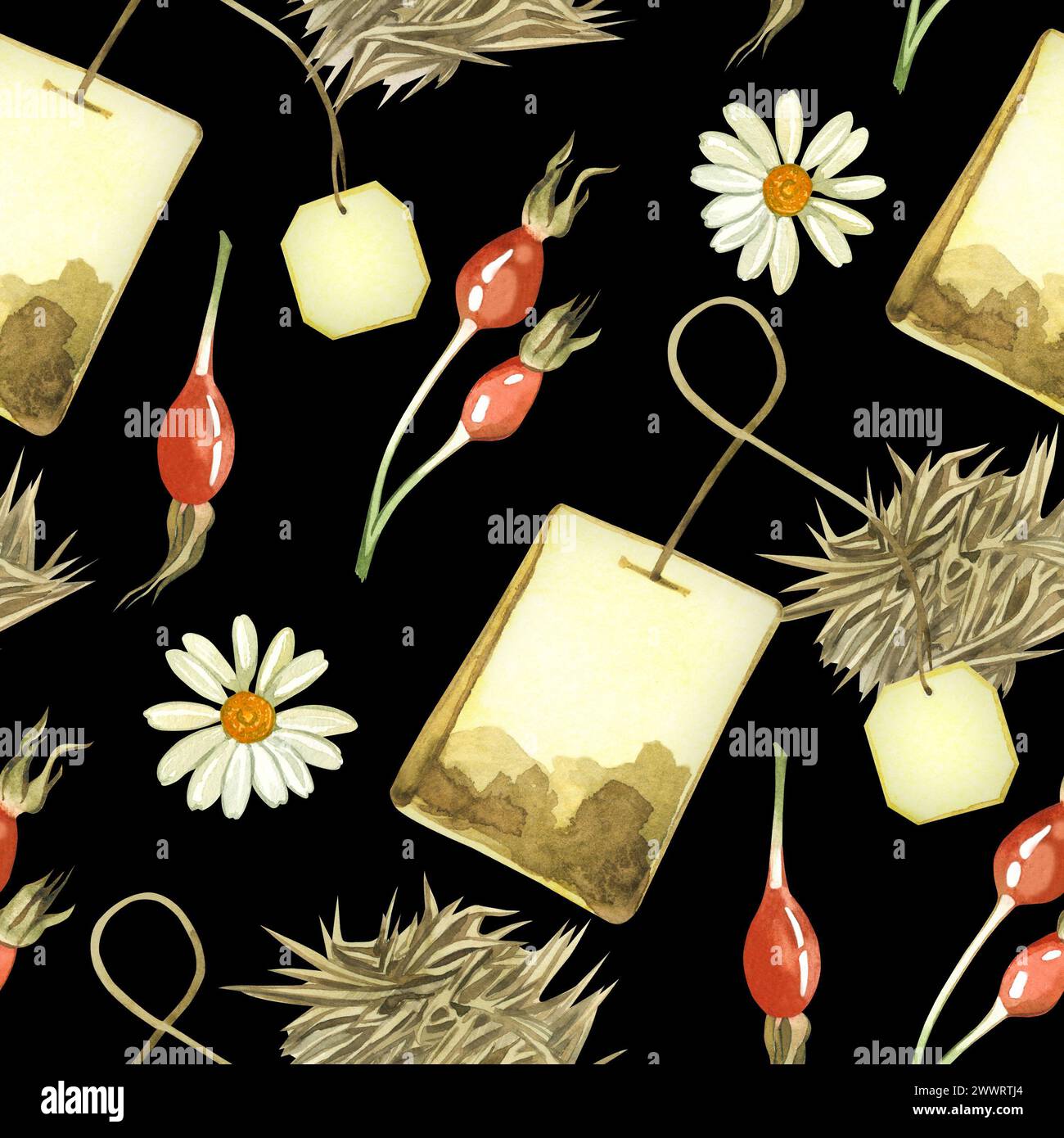 Tea bags, chamomile flowers, herbal tea from meadow herbs, oregano ...