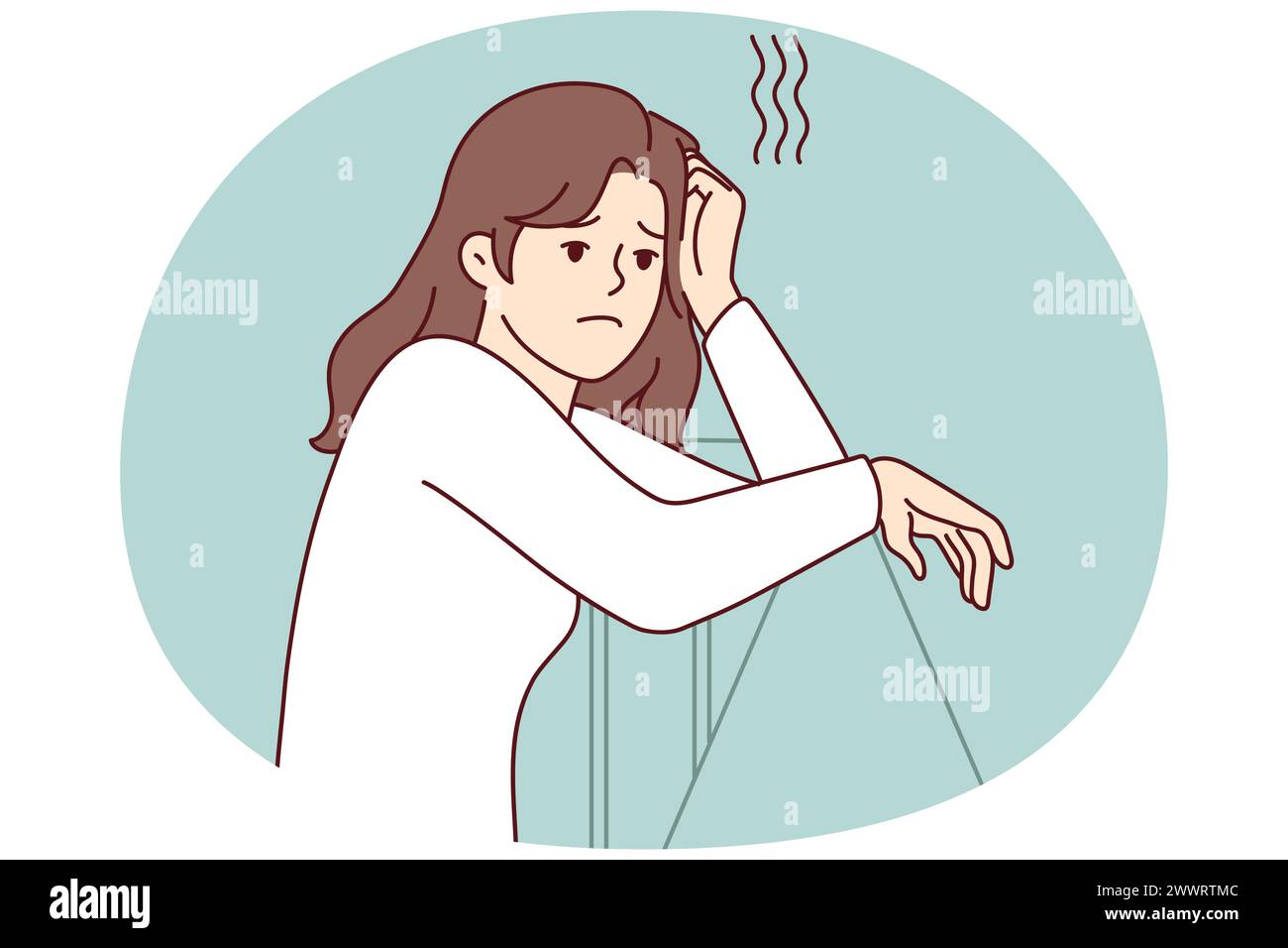 Sad woman leans on railing and looks into distance thinking about ...