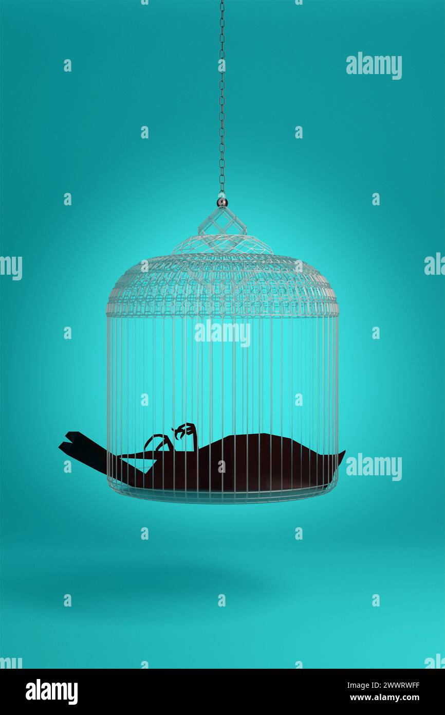 Creative animal concept. Paper Crow in a cage, on cyan background ...