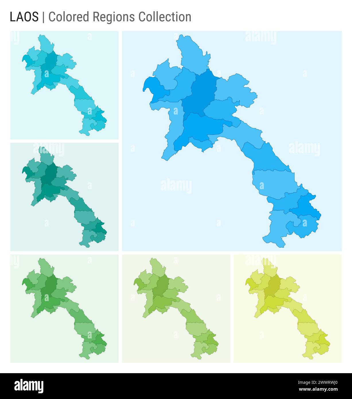 Laos map collection. Country shape with colored regions. Light Blue ...