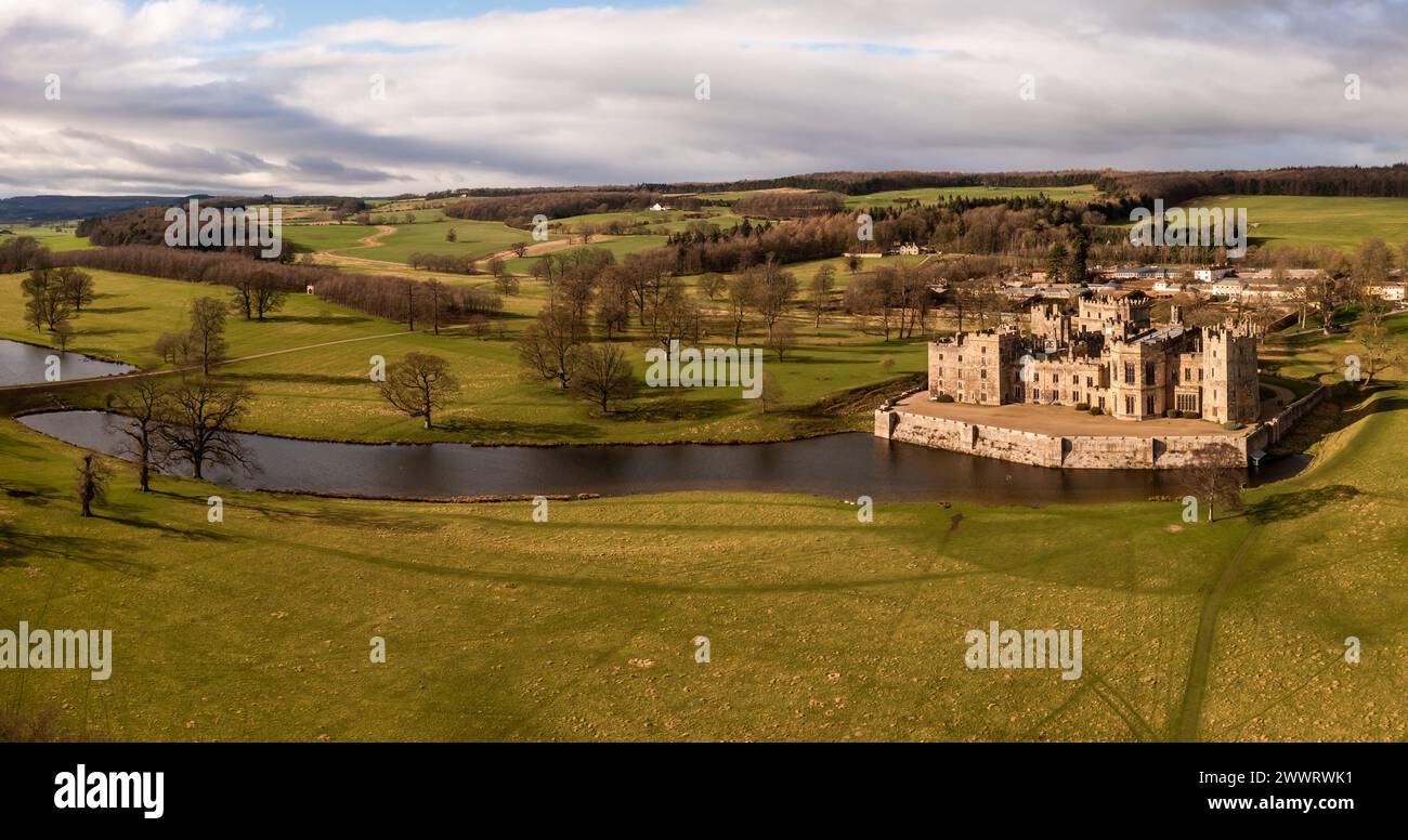 RABY CASTLE, NORTHUMBERLAND, UK - MARCH 15, 2024. An aerial view of the ...