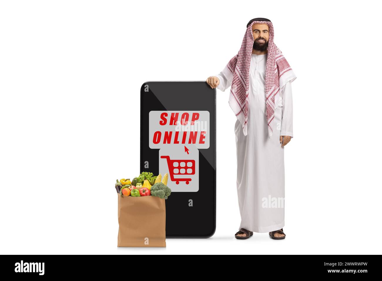 Saudi arab man with a big mobile phone and online shopping application ...