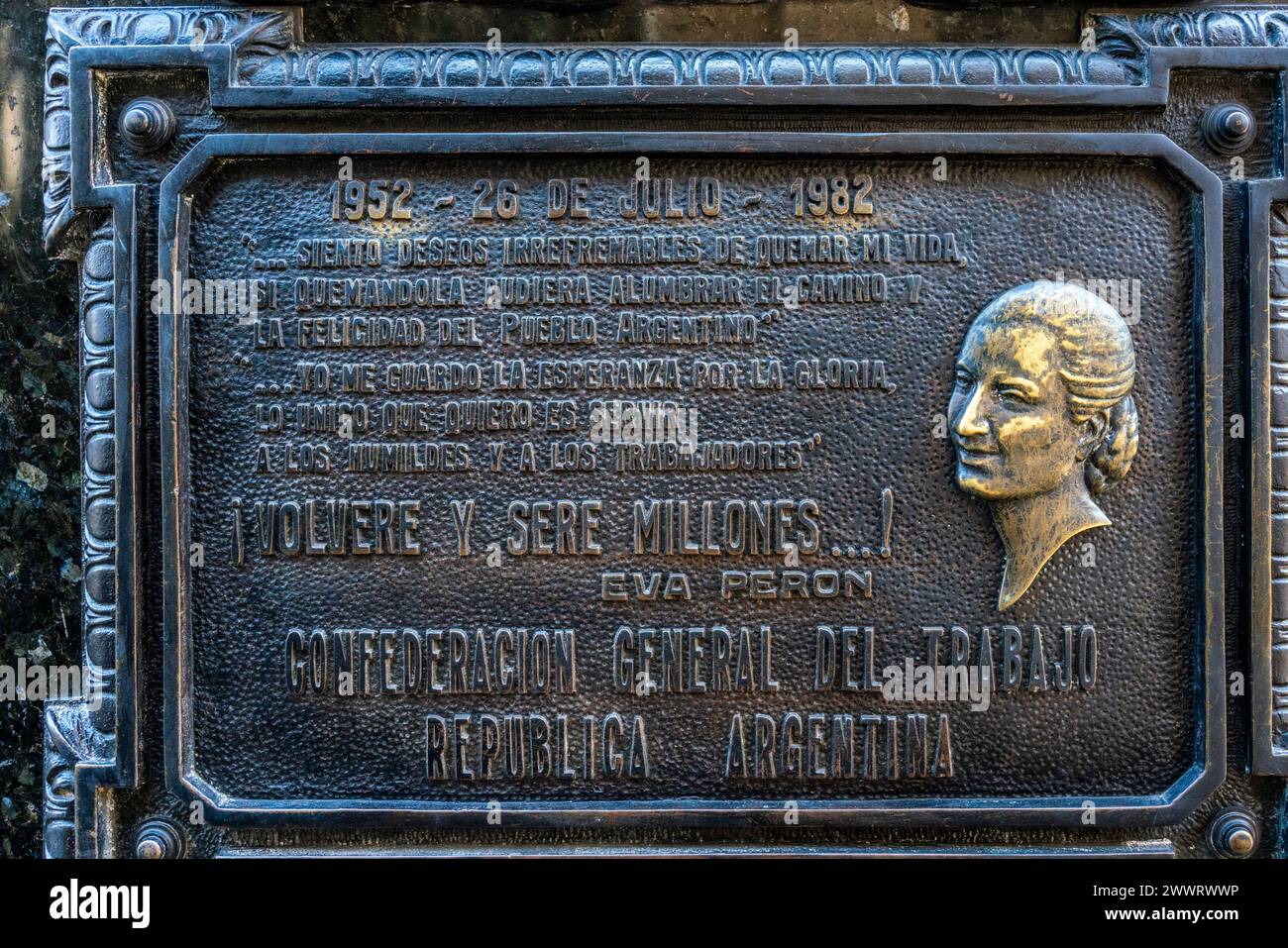 A Plaque On The Tomb of Eva Peron (also known as Evita), The Recoleta ...