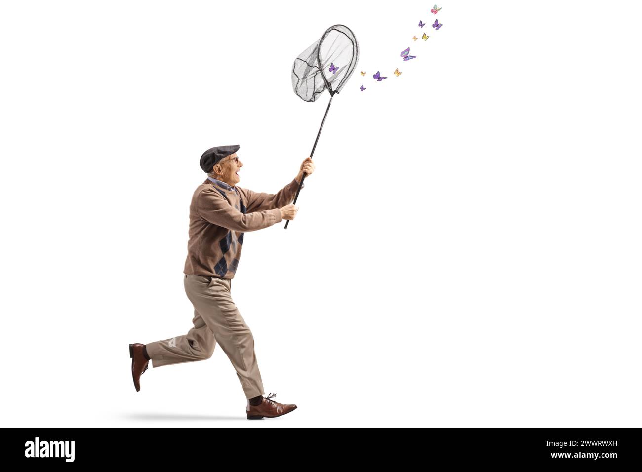 Elderly man catching butterflies with a net isolated on white ...