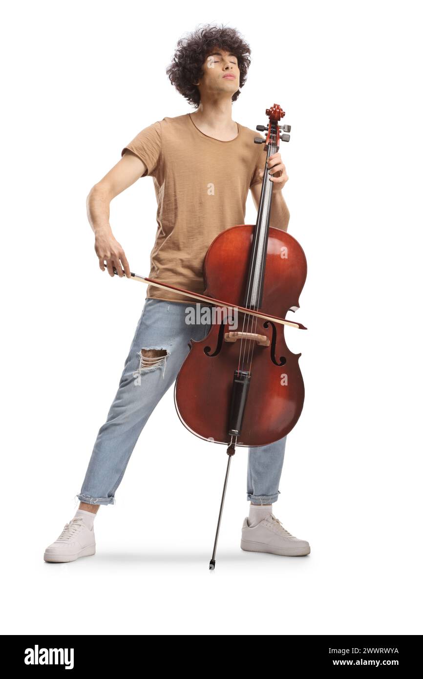 Cool young man playing a cello music instrument isolated on white ...