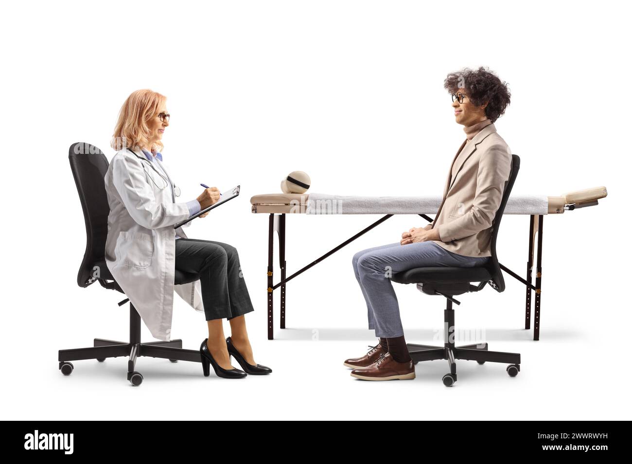 Man sitting at a doctors appointment isolated on white background Stock ...