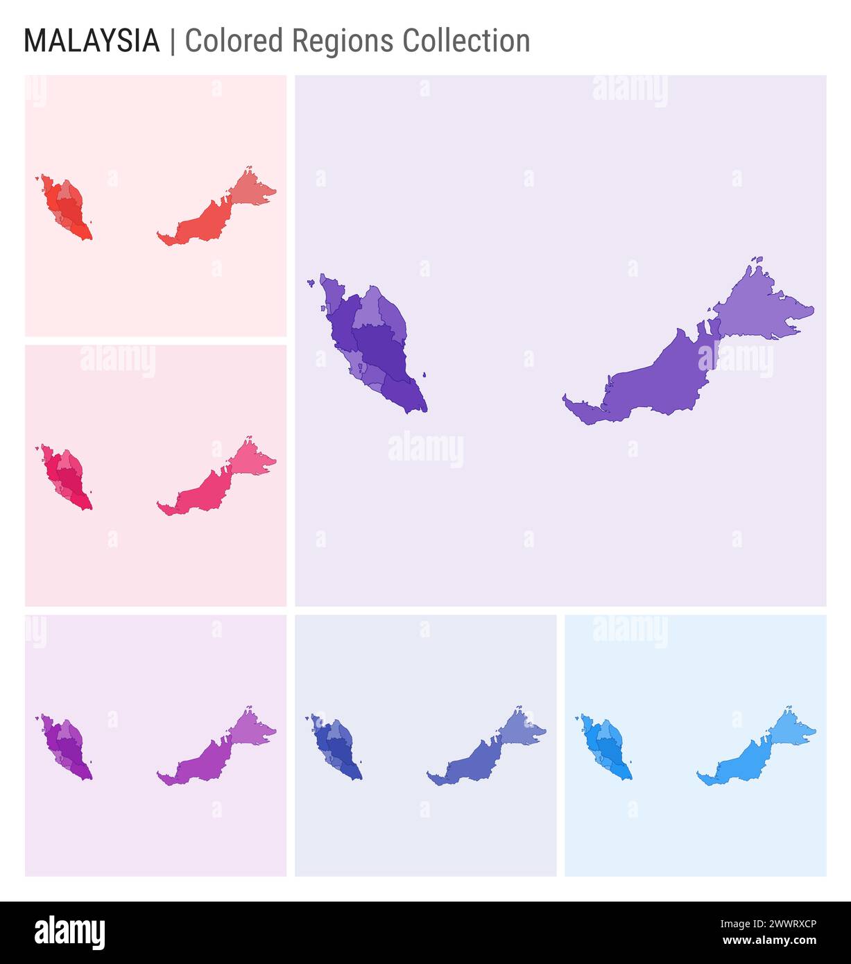 Malaysia map collection. Country shape with colored regions. Deep ...
