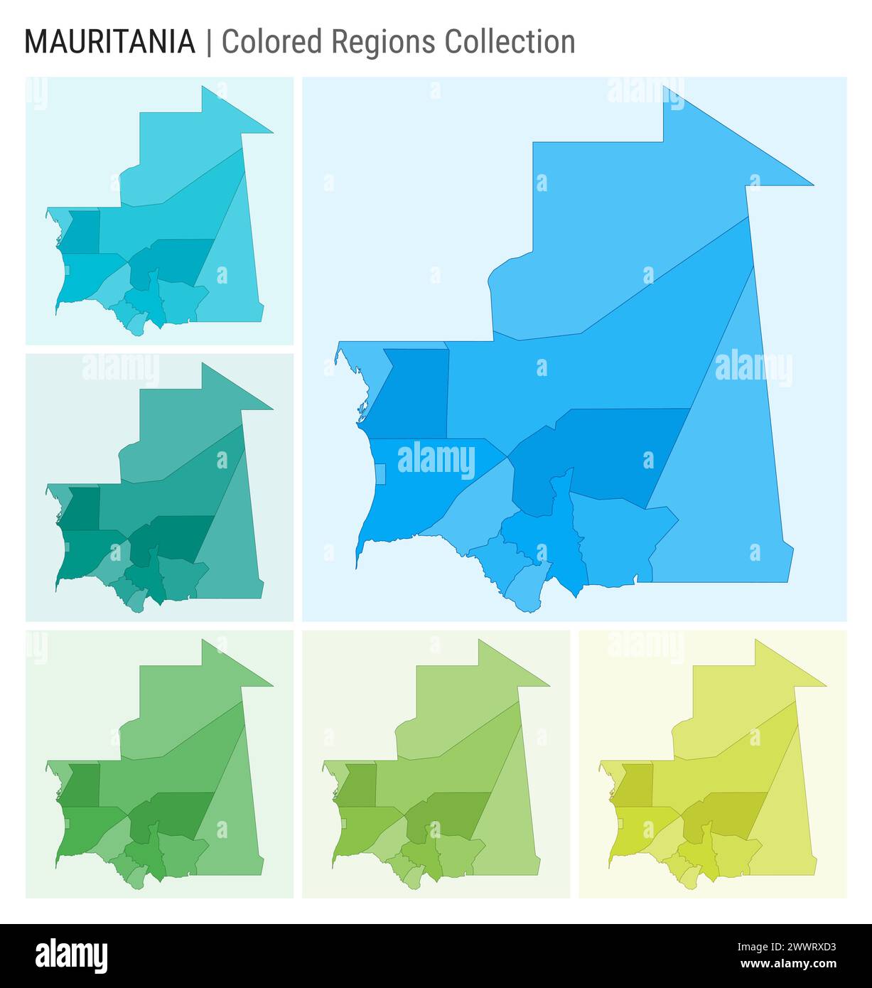 Mauritania map collection. Country shape with colored regions. Light ...