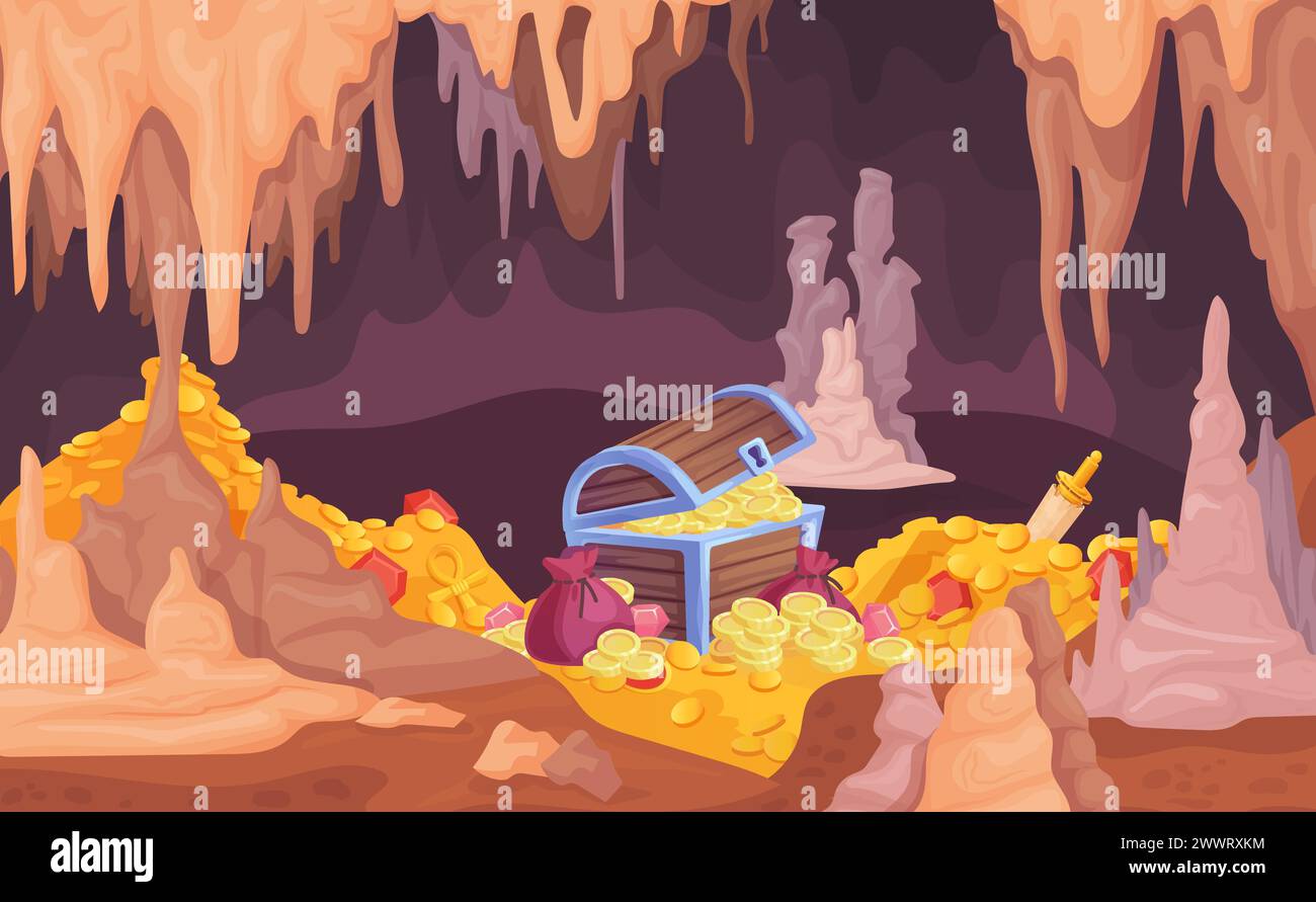 Treasure cave. Pirate chest with hidden money, jewelery pile gold coins ...