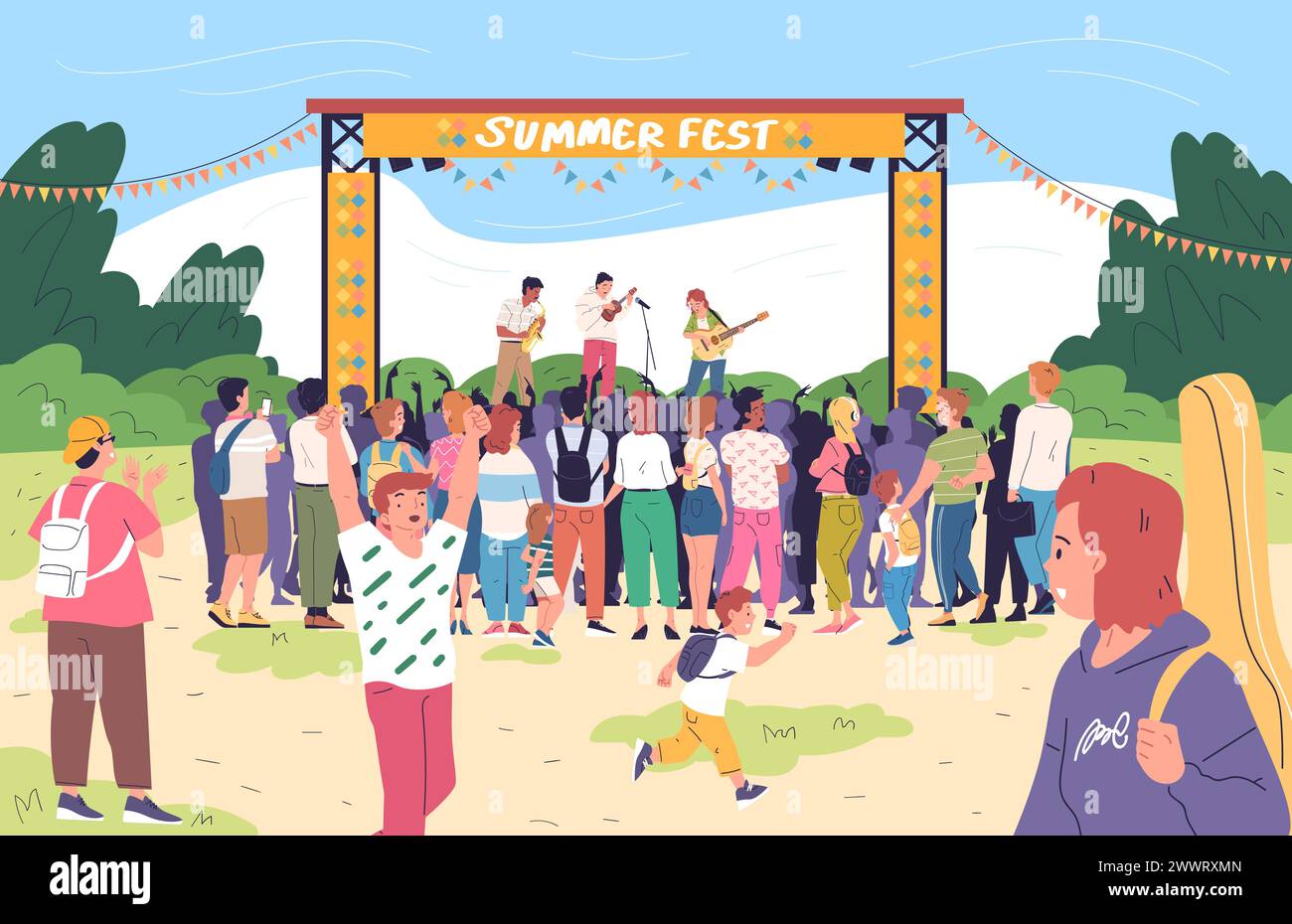 Open air concert. Outside music festival, rock band scene crowd people ...