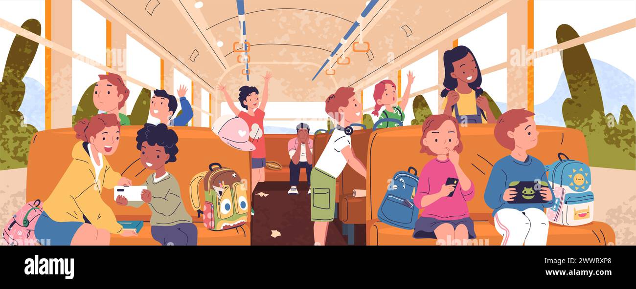 Children inside bus. School friends seating on seat aisle indoor ...