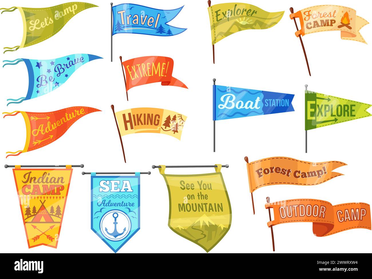 Camp pennants. Varsity outdoor banner or camping pennant, university ...