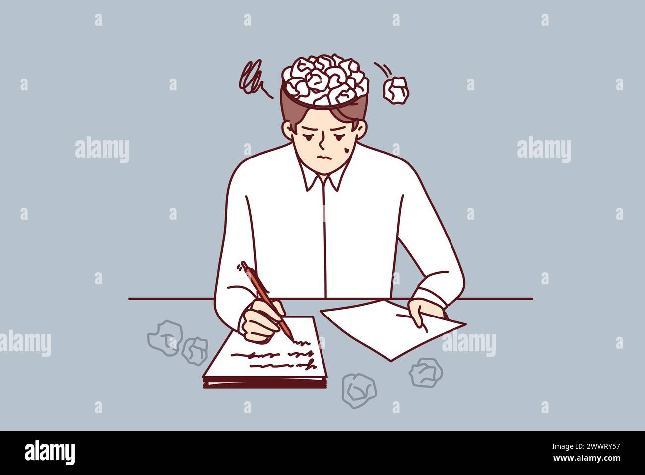 Man Writer Writes Story For Own Book Sits At Table With Crumpled