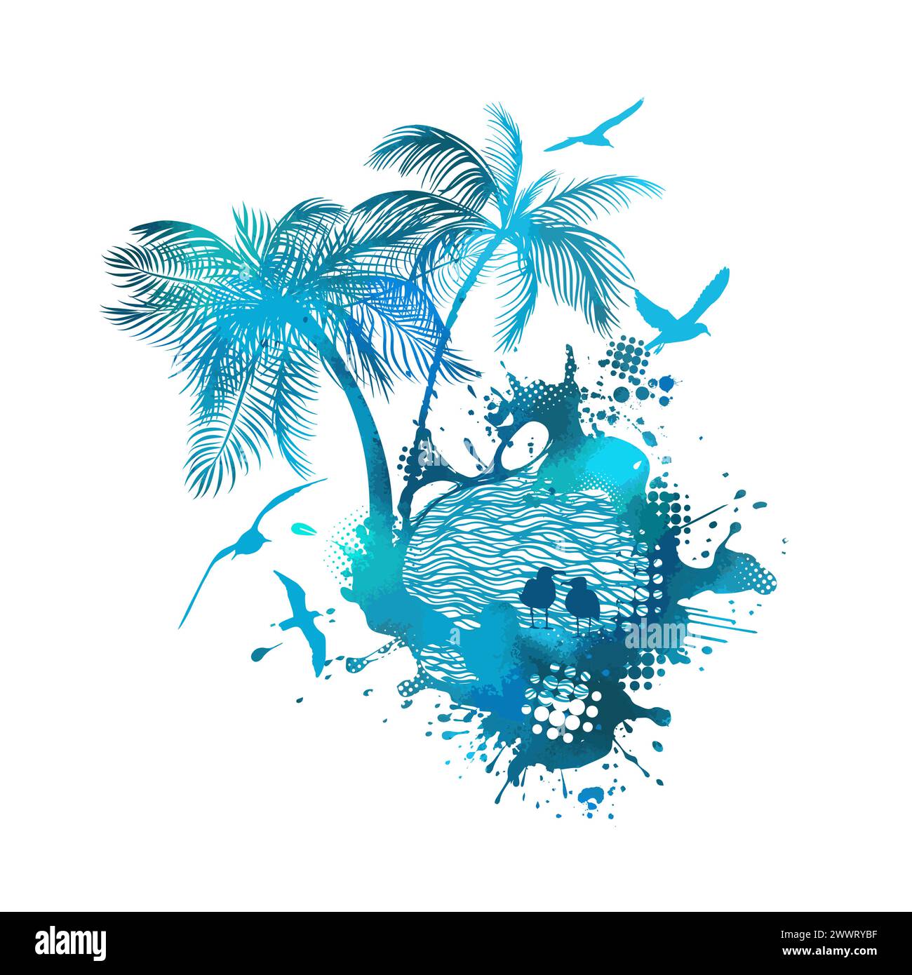 Silhouette of a blue palm tree on a white background with seagulls ...