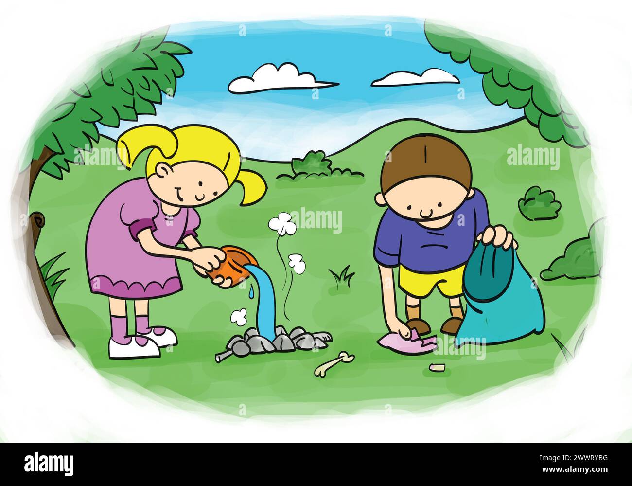 Kids Eco-Friendly Activities in Forest: Cleaning Up After Picnic Stock ...