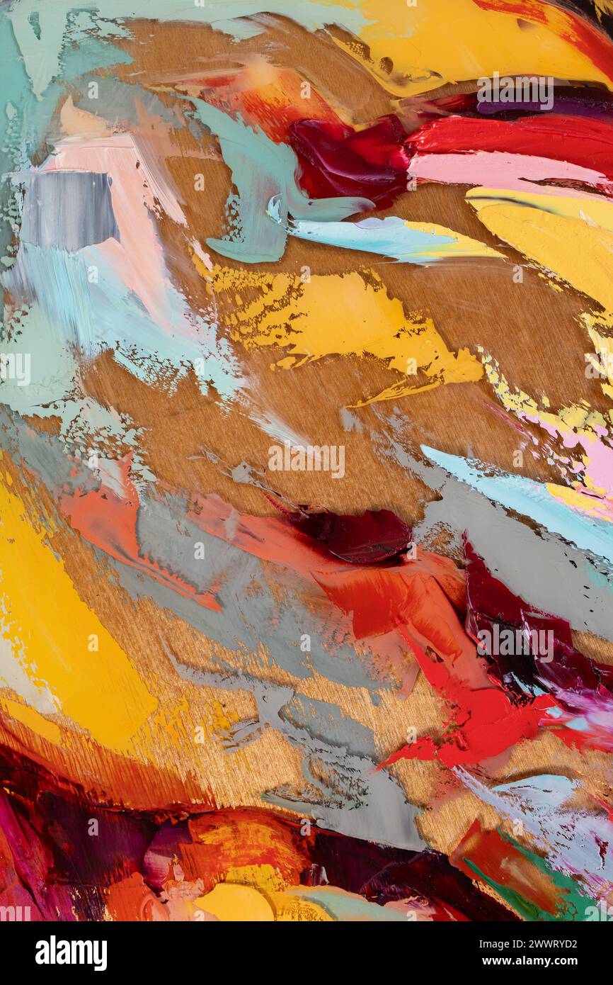 Fragment of multicolored texture painting on plywood. Abstract art ...