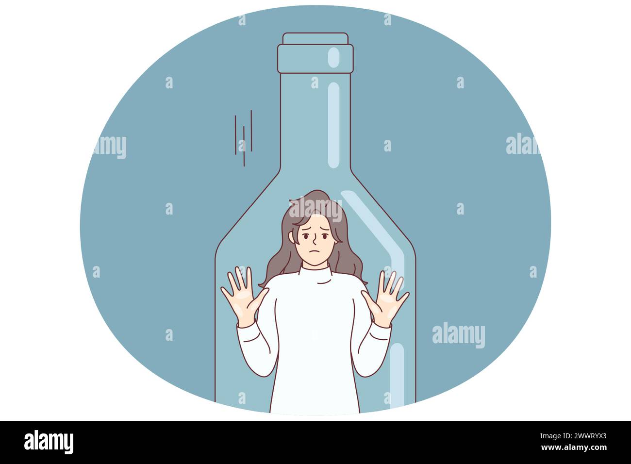 Depressed woman standing inside transparent bottle cant get out due to ...