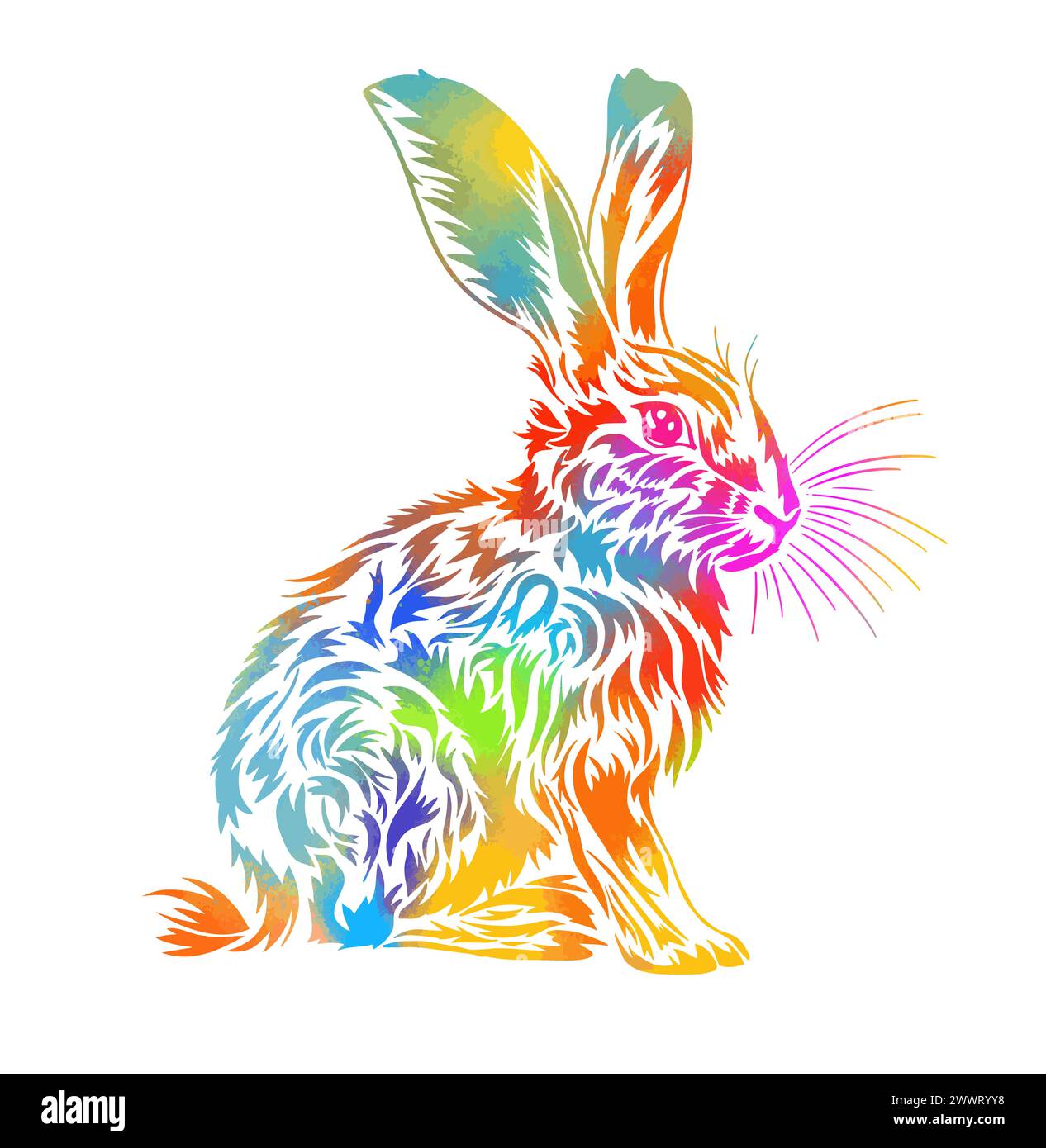 colored rabbit vector illustration, isolated on white background. Hand ...