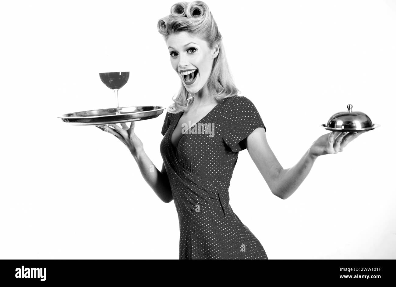 Restaurant serving concept. Pin up girl waiter with wine and service ...