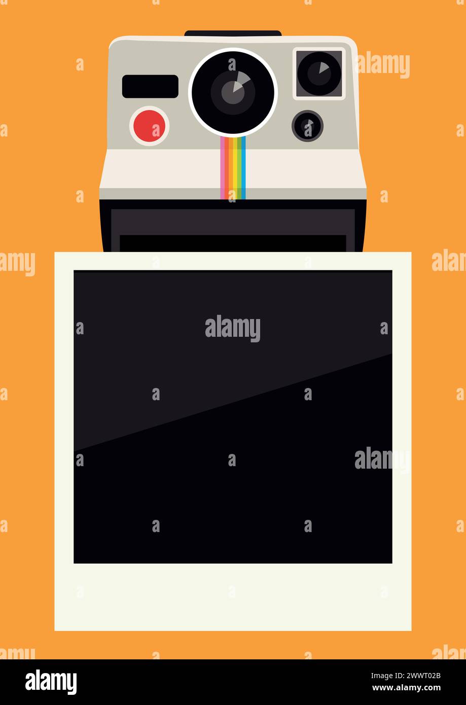 Vintage instant camera with blank photo for your text on an orange ...