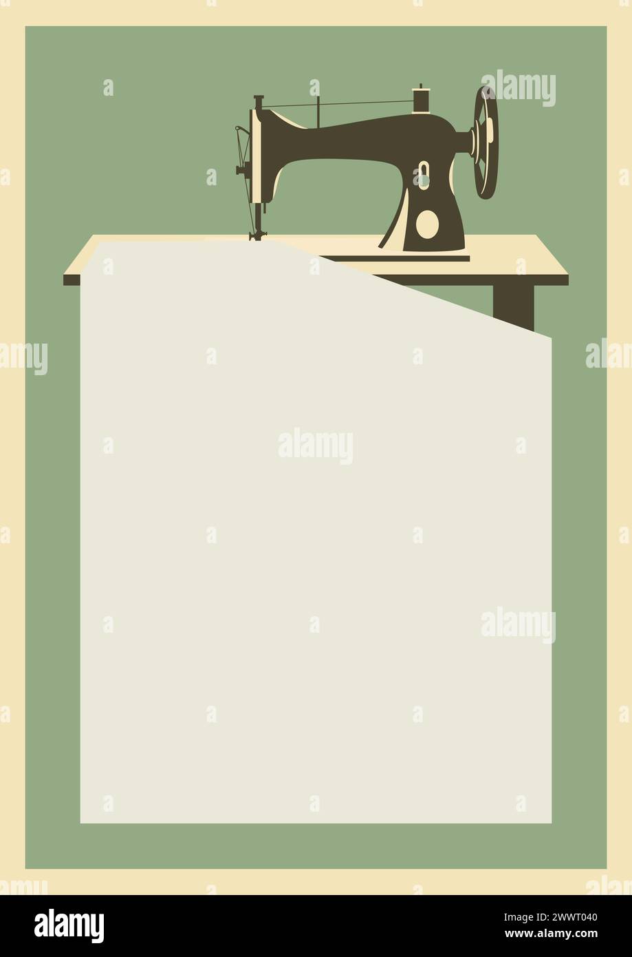 Retro sewing machine illustration with blank paper sheet for text. Art ...