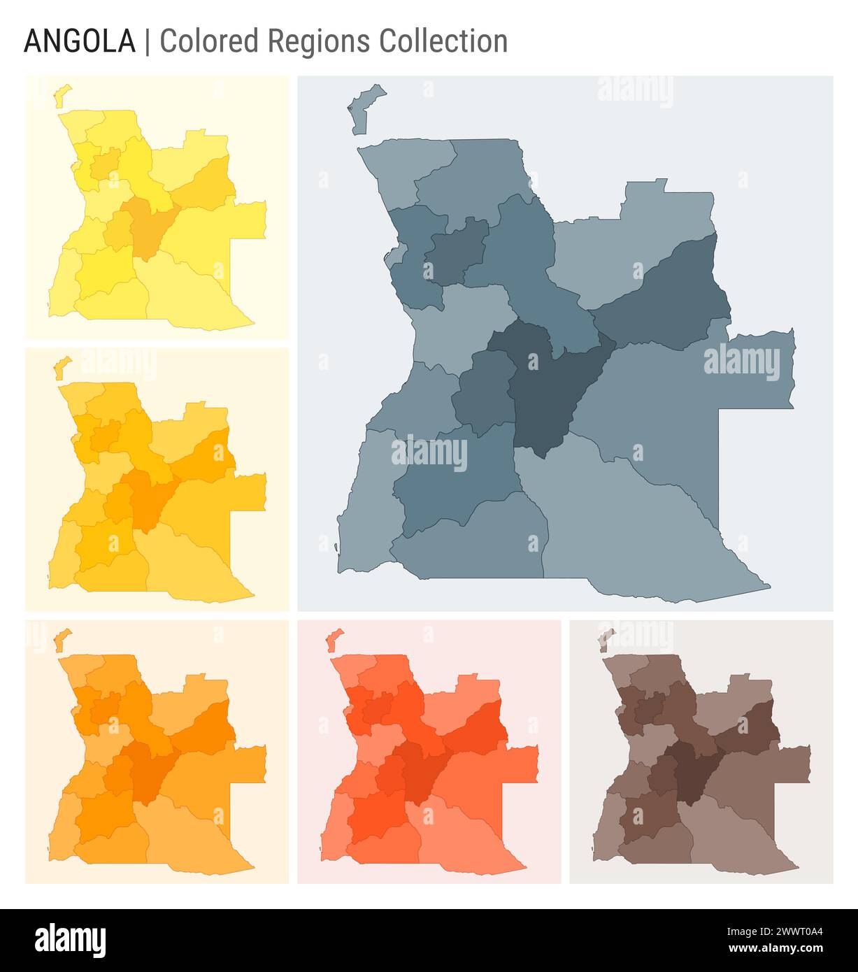 Angola map collection. Country shape with colored regions. Blue Grey ...