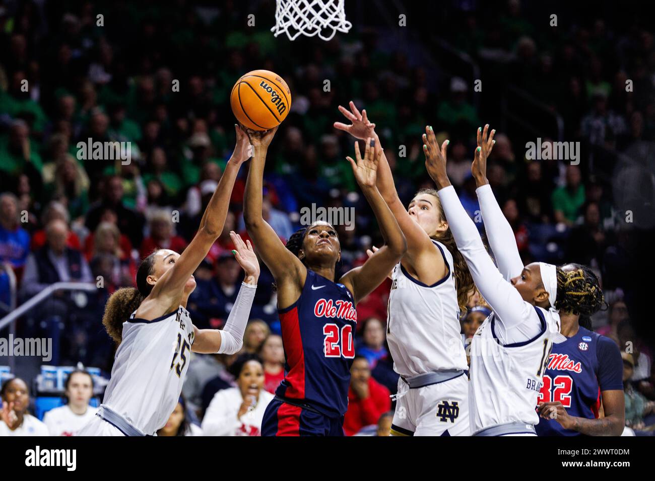 South Bend, Indiana, USA. 25th Mar, 2024. Mississippi guard Ayanna Thompson (20) goes up for a ...