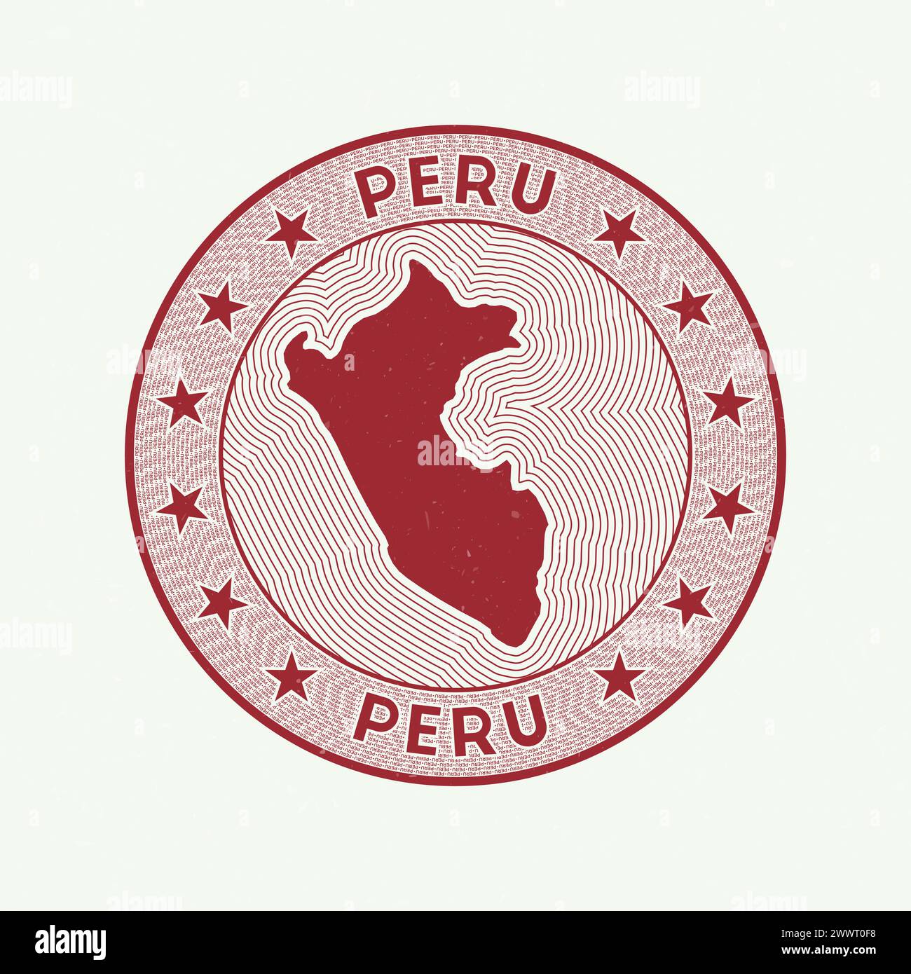 Peru round badge vector. Country round stamp with shape of Peru, isolines and circular country ...