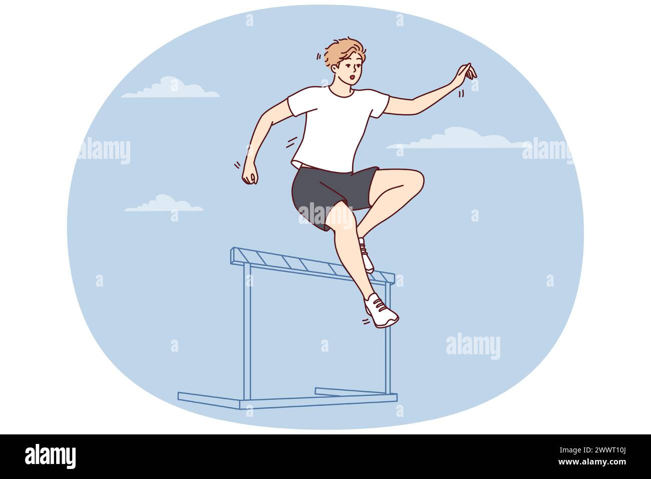 Male athlete running up jumps over barrier during important competition ...