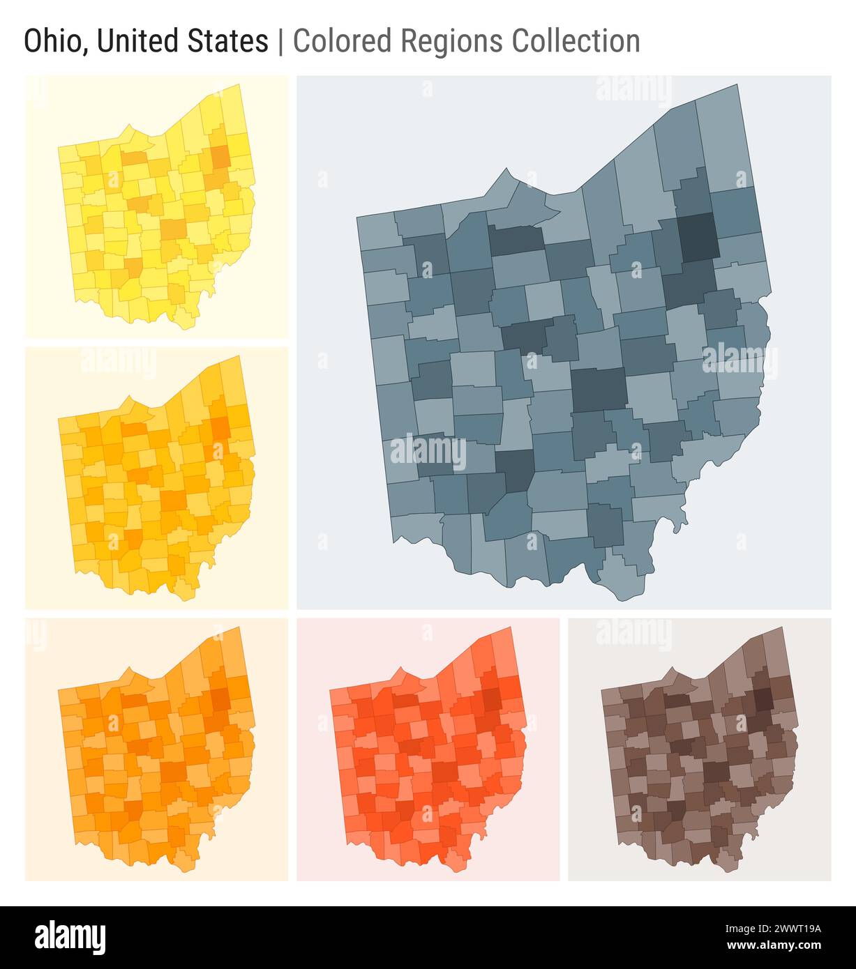 Ohio, United States. Map collection. State shape. Colored counties ...