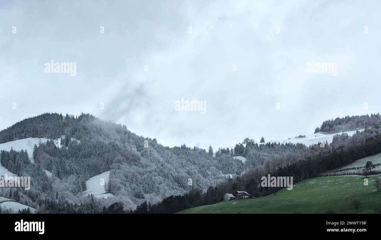 snowfall in spring. snow covered mountains in the rhinevalley. Winter ...