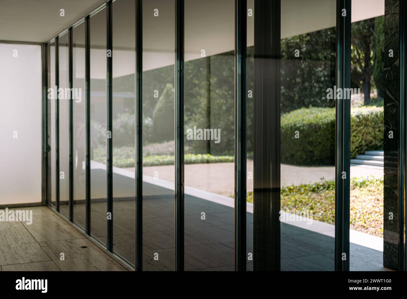 Interior of Mies van der Rohe's pavilion in Barcelona, glass détail Stock Photo - Alamy