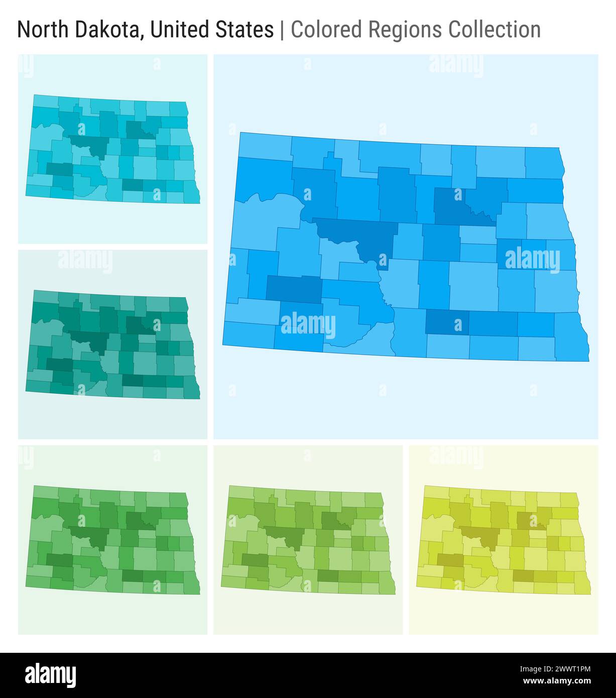North Dakota, United States. Map collection. State shape. Colored ...