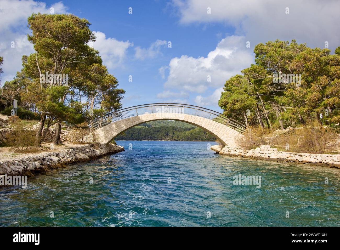 Big stone bridge in Veliko jezero in the Mljet National Park, Croatia ...