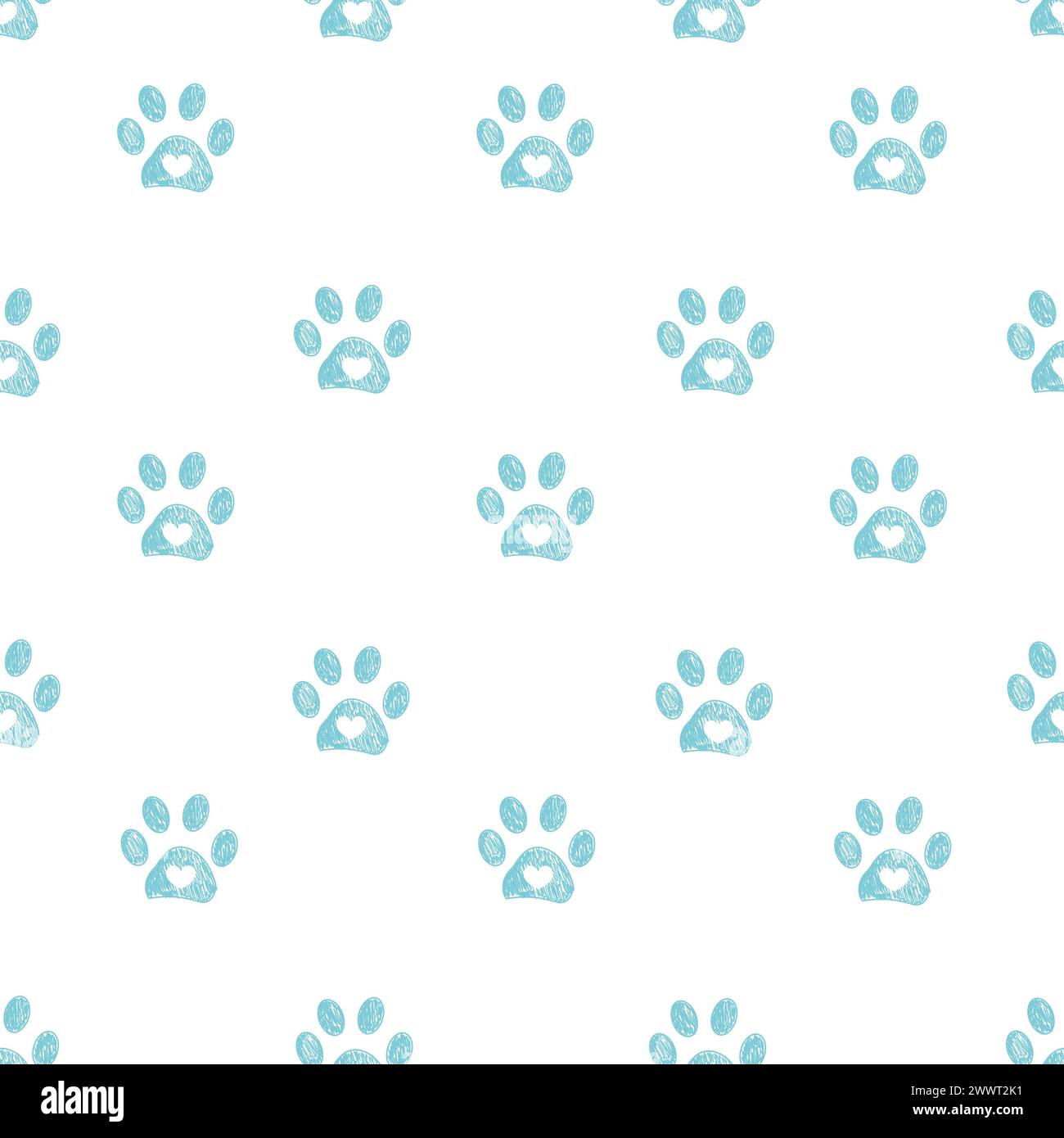 Cute blue doodle paw prints with hearts. Fabric design seamless pattern ...